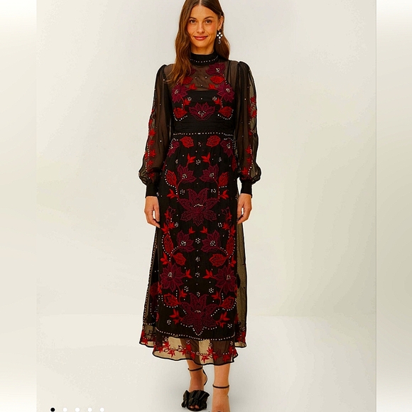FARM Rio | Dresses | New Farm Rio Organza Black Red Floral Button ...